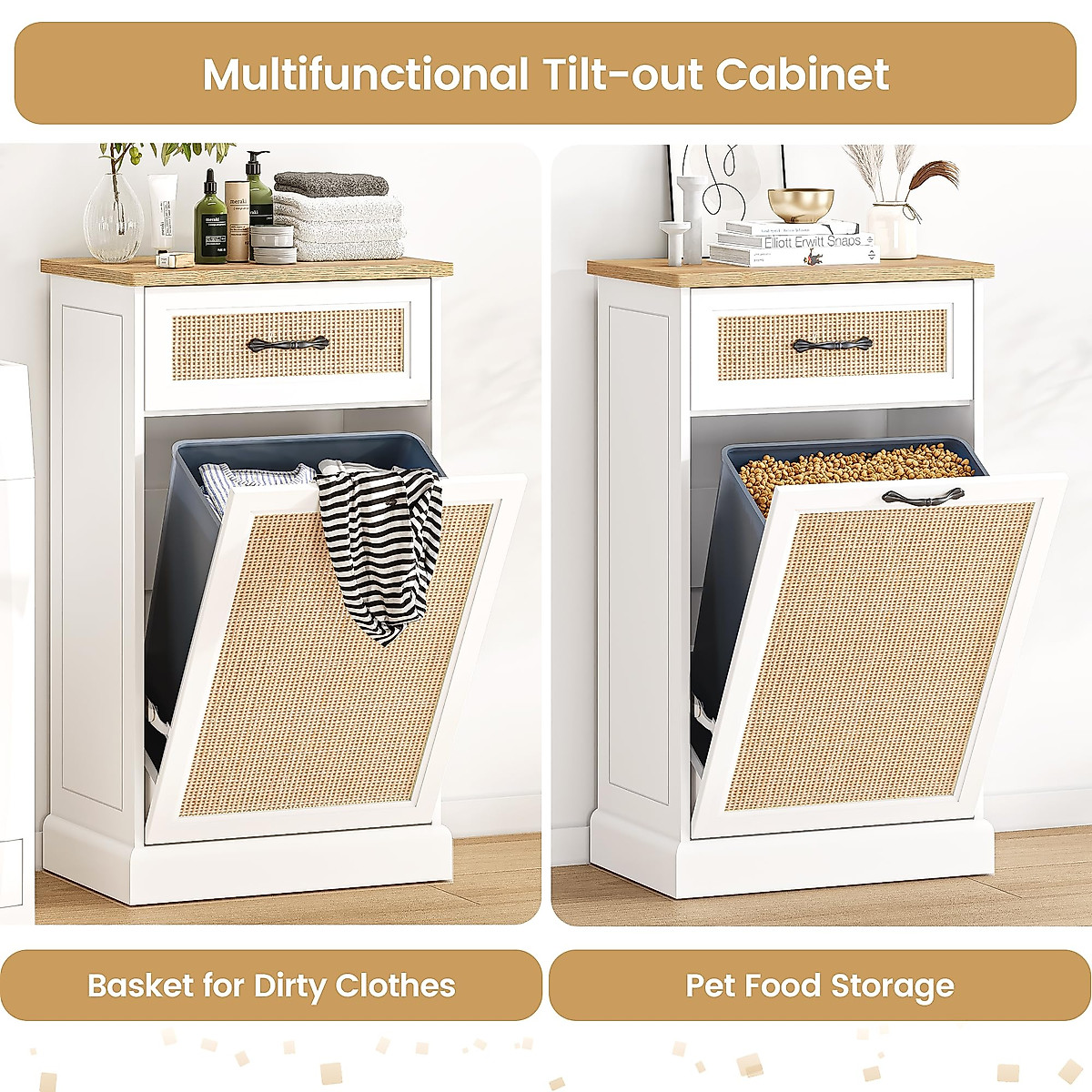 GAOMON Tilt Out Trash Cabinet with Natural Rattan, Freestanding Trash Cabinet 10 Gallon for Kitchen Dining Living Room, Hidden Garbage Bin Cabinet Storage Holder