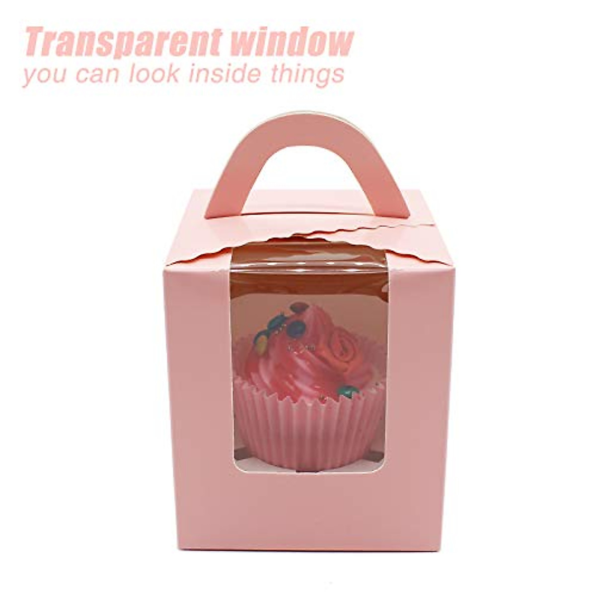 25 Pcs Pink Paper Cupcakes Boxes,Portable Single Individual Cupcake Gift Boxes with Window Inserts Handle for Wedding Candy Boxes (Pink)