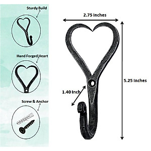 Hand Forged Heart Shape Metal Wall Hooks Wrought Iron Hook Blacksmith Vintage Wall Hook Handmade Wall Mounted Rustic Hooks for Office and Home Black Antique Finish Wall Hooks by Living Ideas