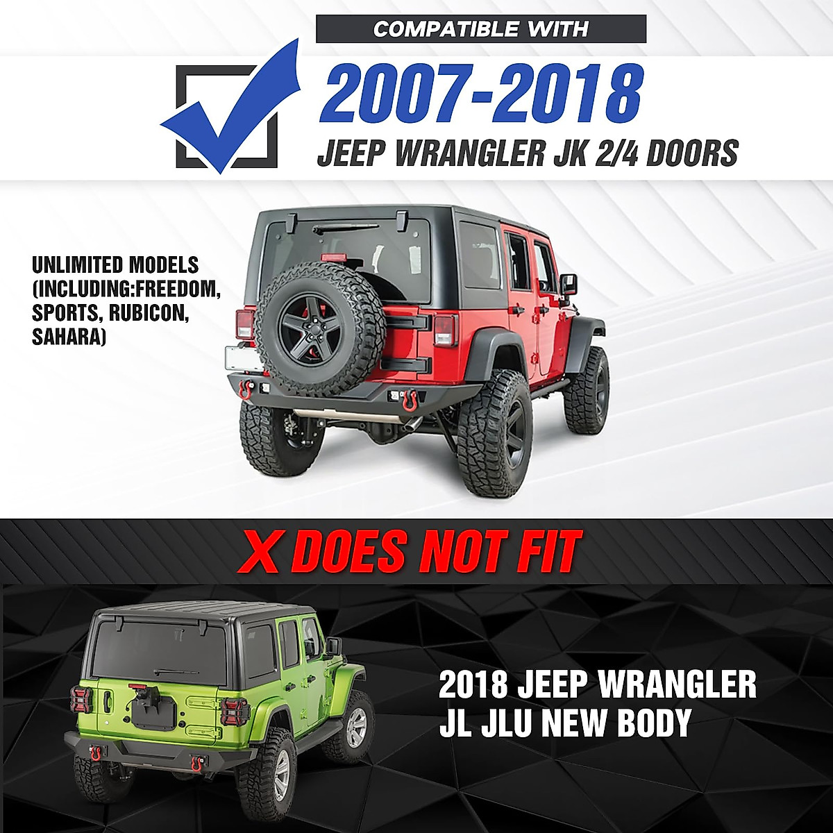 EYOUHZ Rear Bumper Compatible with 2007-2018 Jeep Wrangler JK JKU Unlimited Rock Crawler Rear Bumper Built-in 2" Hitch Receiver, D-Rings and 2 x 18W LED Lights for 2/4 Doors (Textured Black)