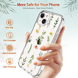 GiiKa for iPhone 13 Case with Screen Protector, Clear Full Body Protective Floral Girls Women Shockproof Hard Case with TPU Bumper Cover Phone Case for iPhone 13, Grass Flowers