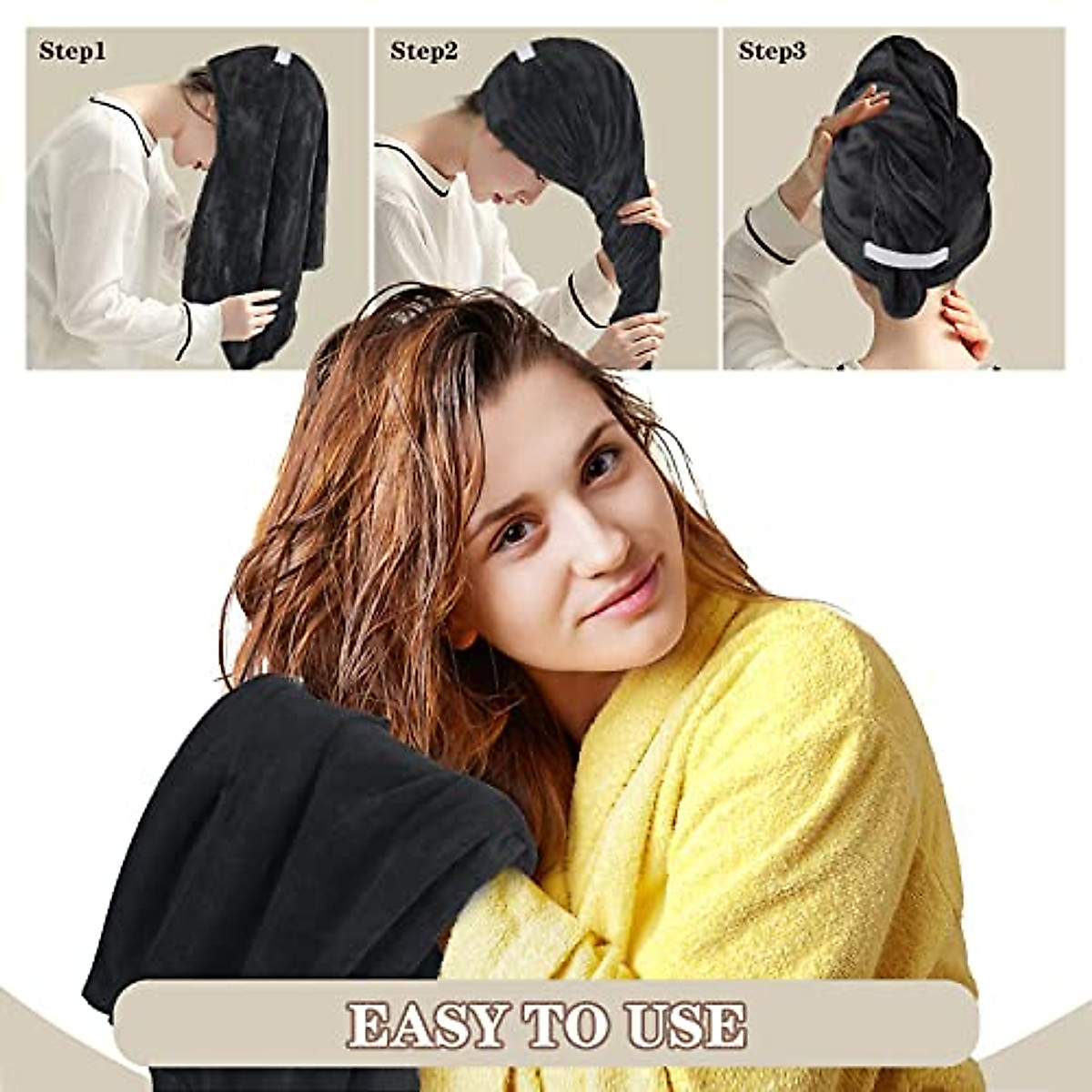 SUNLAND Microfiber Hair Drying Towel 2 Pack Super Absorbent Quick Dry Magic Hair Turban for Drying Long Hair Soft and Large 20 inch X 40 inch Black