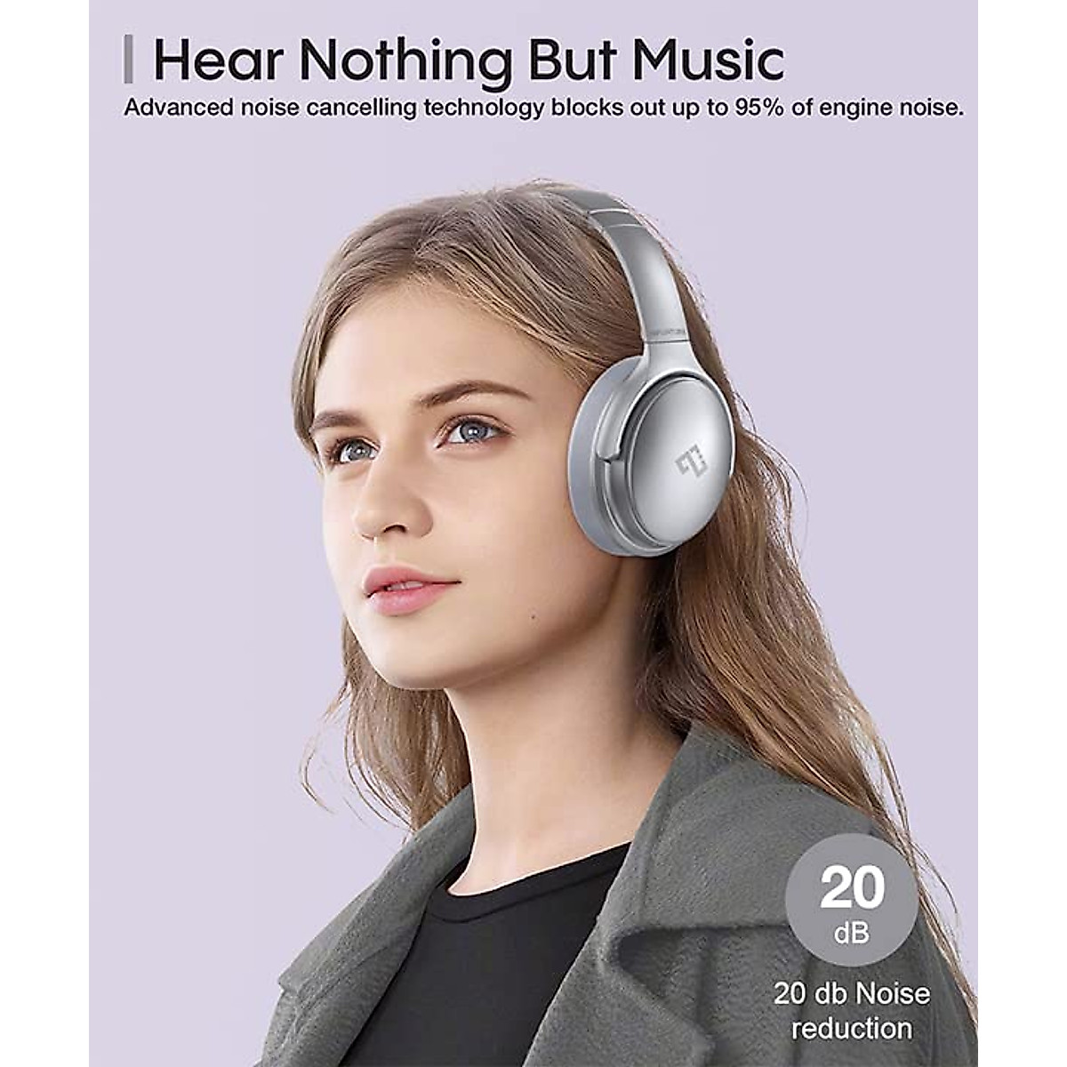 INFURTURE Active Noise Cancelling Headphones, H1 Wireless Over Ear Bluetooth Headphones, Deep Bass Headset, Low Latency, Memory Foam Ear Cups,40H Playtime (Silver)