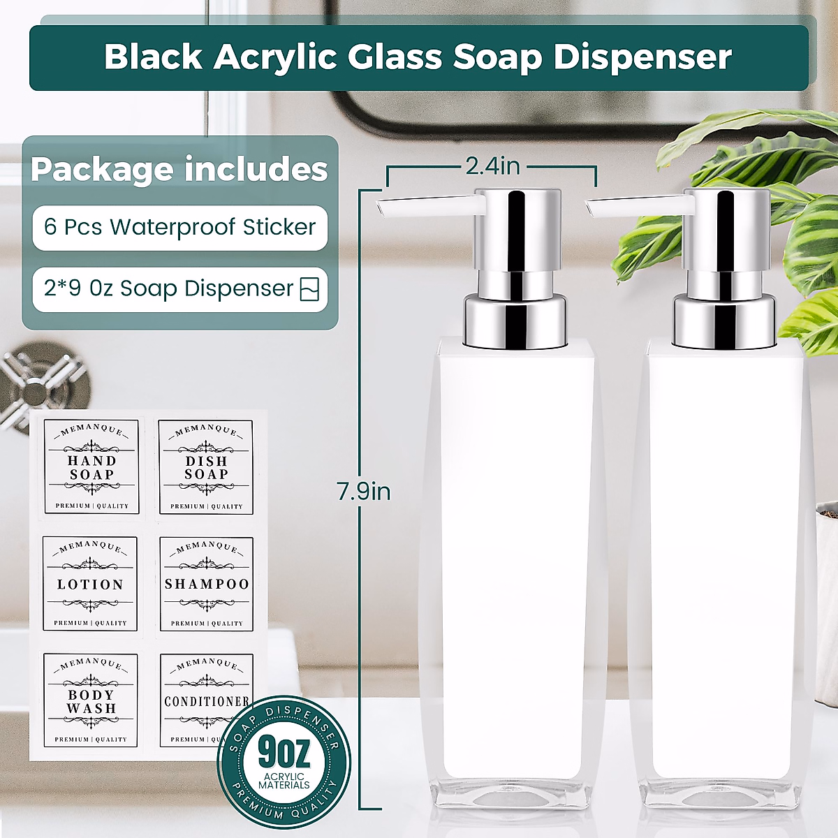 Memanque White Soap Dispenser Bathroom,2 Pack Kitchen Hand and Dish Soap Dispenser Set, Bathroom Soap and Lotion Dispenser,Refillable Liquid Soap Dispenser
