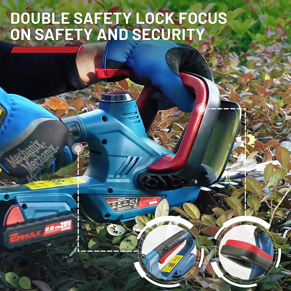 Enhulk Cordless Hedge Trimmer, Electric Bush Trimmer with 20" Dual-Action Blades, 5/8" Cutting Capacity, Handheld Shrub Trimmer for Garden Work, 20V 2.0Ah Battery and Charger Included