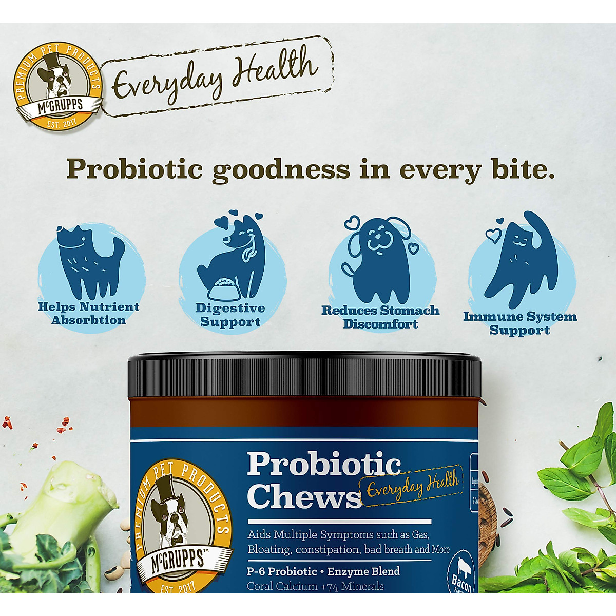 Mcgrupps Probiotic Chews for Dogs - with Natural Digestive Enzymes + Prebiotics - for Diarrhea & Upset Stomach Relief + Gas & Constipation - Allergy & Immune + Hot Spots - Made in The USA - 130 Ct