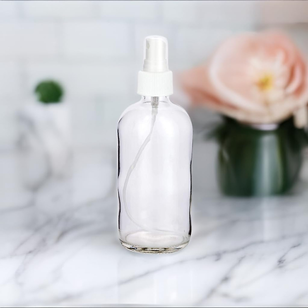 JUVITUS 8 oz Clear Boston Round Thick Plated Glass Bottle with White Fine Mist Spray (2 Pack)