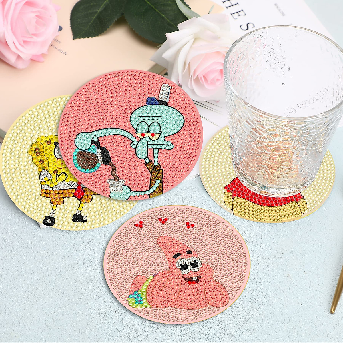cupmod 8Pcs Diamond Painting Coasters Kits,DIY Cartoon Diamond Art Coasters Kits for Adults Kids Beginners,Diamond Painting Coasters with Holder for Home