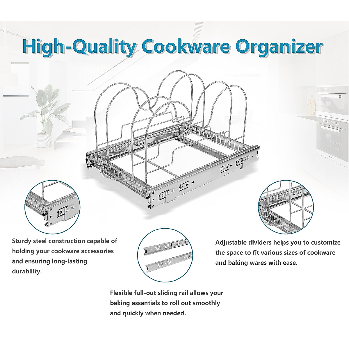 TQVAI Pots and Pans Organizer, Expandable Pot Lid Holder, Kitchen Under Cabinet Organizer for Cutting Board/Cookware/Baking Sheets - Cabinet Request at Least 12.5" W x 18.25" D x 13.5" H