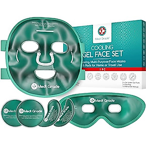 Medi Grade Cooling Ice Face Mask and Cooling Eye Mask for Puffy Eyes & Migraine Relief - Self Care Face Ice Pack with ChillGel Face Ice Mask Technology - Cooling Face Mask, Eye Pads and Bag