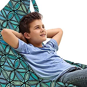 Lunarable Abstract Lounger Chair Bag, Flower Inside Circular Oval Shapes with Contour Lines Illustration, High Capacity Storage with Handle Container, Lounger Size, Teal Pale Green