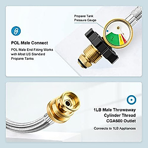 Kohree Propane Adapter Hose 1lb to 20lb Converter, 5FT Stainless Braided POL Propane Hose with Gauge for Buddy Heater, Coleman Stove, Tabletop Grill and More 1 LB Portable Appliance to 5-100 LB Tank