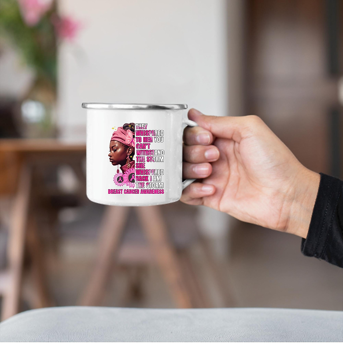 Gift Cancer Survivors Black I am The Storm Pink Ribbon 12oz Enamel Silver Mug