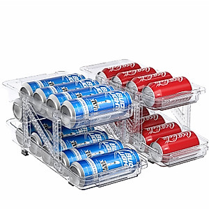 LAMU Soda Can Dispenser for Refrigerator, Set of 2 Adjustable Width Soda Can Organizer 2-Layer Beverage Pop Can Holder Drink Organizer for Fridge, Pantry, Cabinet, Countertop, Clear