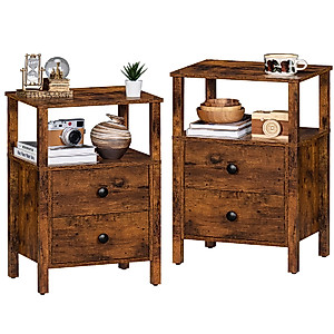 Lerliuo Night Stand Set of 2, Small Nightstand with 2 Wood Drawers and Storage Shelf, Rustic Bedside Table with Wooden Frame, Brown Couch Bed Side Tables for Small Spaces, Nightstands for Bedroom