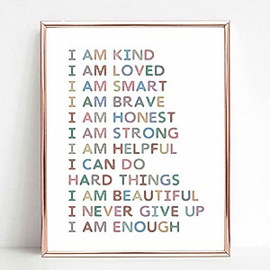Affirmations Art Print, Gift For Kids, Kid Affirmations Wall Decor, Playroom Decor, Kids Bedroom Decor, I Am Kind I Am Enough, Nursery Decor Print, Colorful Wall Art, UNFRAMED (8X10 INCH)