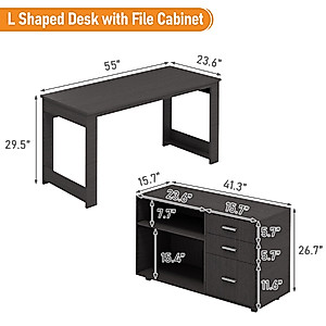MU Gray L Shaped Desk with Drawers, Corner Desk with 3 Drawers and 2 Shelve, Executive Office Desk with Storage File Cabinet for Home Office Workstation, Bedroom, 55 inch