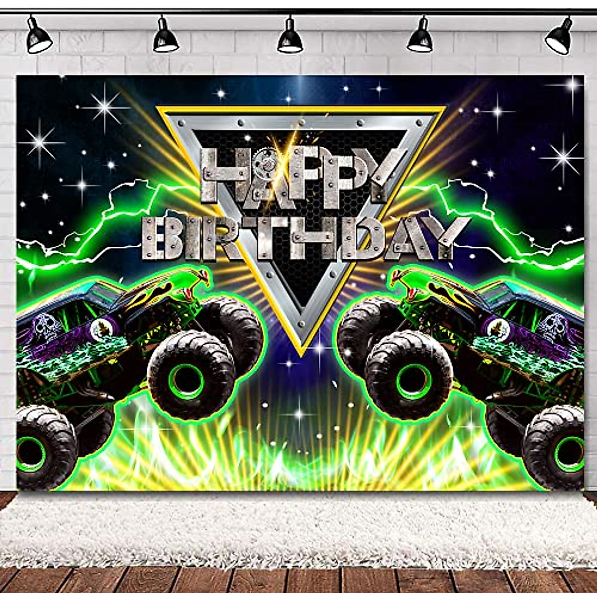 SVBright Green Truck Backdrop 7Wx5H Monster Racing Car Stadium Auditorium Light Terrain Vehicle Locomotive Boys Happy Birthday Decorations Photography Background Banner Photo Booth Studio