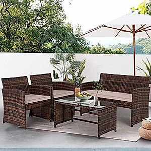 FDW 4 Pieces Outdoor Patio Furniture Sets Rattan Chair Patio Set Wicker Conversation Set Poolside Lawn Chairs Porch Poolside Balcony Outdoor Garden Furniture,Beige Cushion