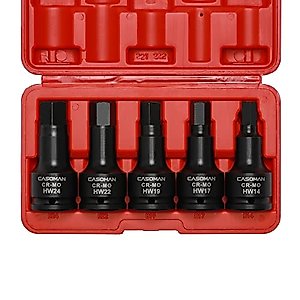 CASOMAN 3/4 Inch Drive Impact Hex Driver Set, 5-Pieces, Metric, 14mm, 17mm, 19mm, 22mm, 24mm, 3/4" Drive Master Impact Hex Bit Set, CR-MO, Impact Grade, One-Piece Construction