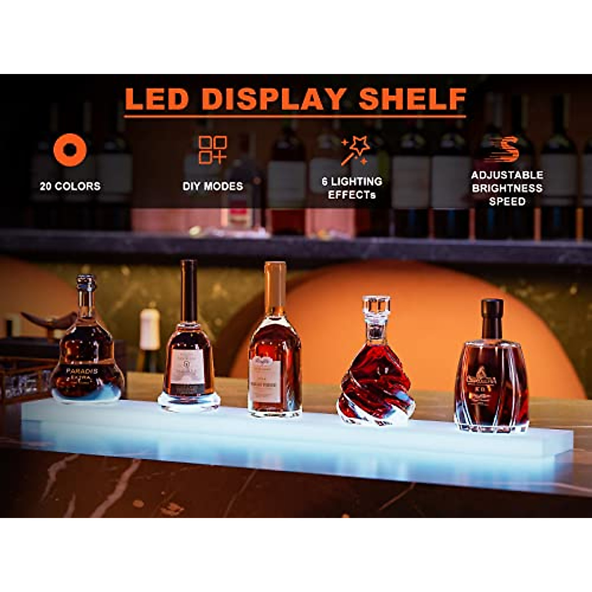 Oarlike LED Liquor Bottle Display Shelf 32 inch Acrylic Lighted Bar Shelf with RF Remote Controller for Home Commercial Bar Floating Wall Mounted Display Shelves 2 Pieces