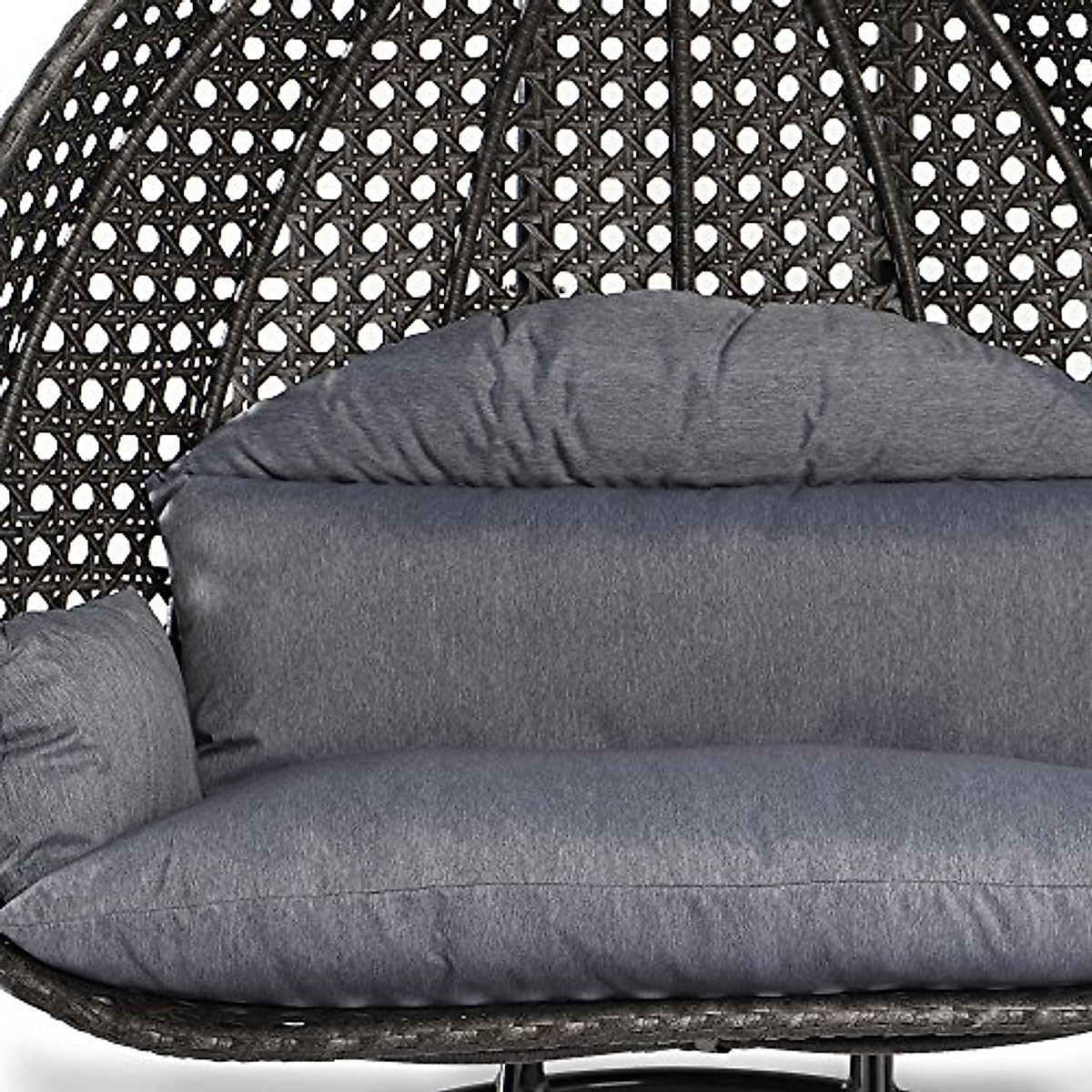 LeisureMod 2 Person Hanging Double Swing Chair, X-Large Wicker Rattan Egg Chair with Stand and Cushion for Indoor Outdoor Patio Garden (Charcoal Blue)