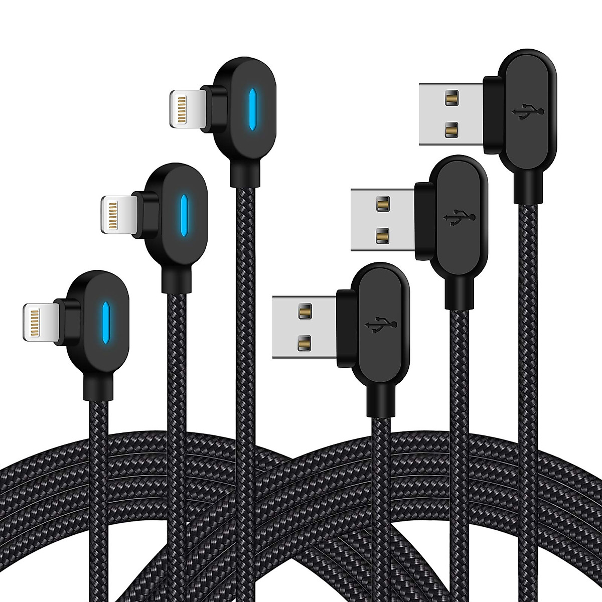 LED iPhone Charger Cable 10 FT 3Pack Right Angle Lightning Cable 90 Degree Nylon Braided Charging Cord Gaming USB Charging/Sync Compatible with iPhone 13 12 11 Pro XS MAX XR X 8 7 6S Plus SE iPad