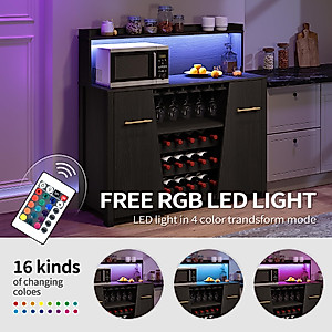 DWVO Bar Cabinet with LED Lights, 47'' Sideboard Buffet Coffee Bar Cabinet with Wine Rack and Glass Holder, Liquor Cabinet with Adjustable Shelf for Living Room, Kitchen, Dining Room, Black