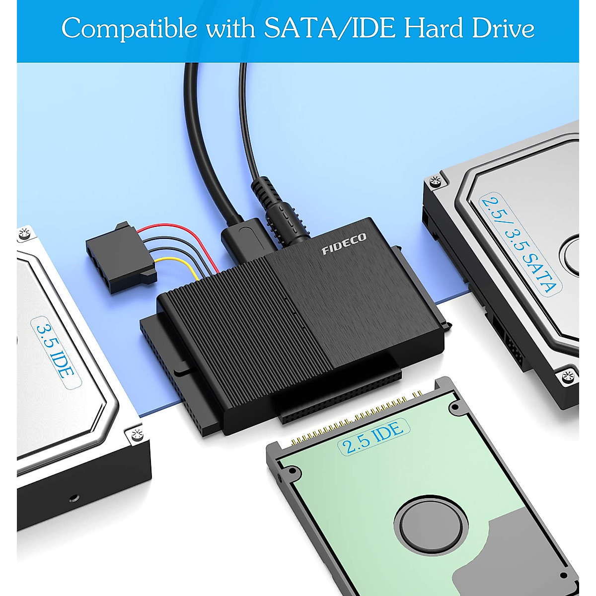 FIDECO USB 3.0 to SATA or IDE Adapter, Hard Drive Adapter Cable Universal for 2.5/3.5 inch SATA HDD/SSD & IDE HDD with 12V Power Adapter