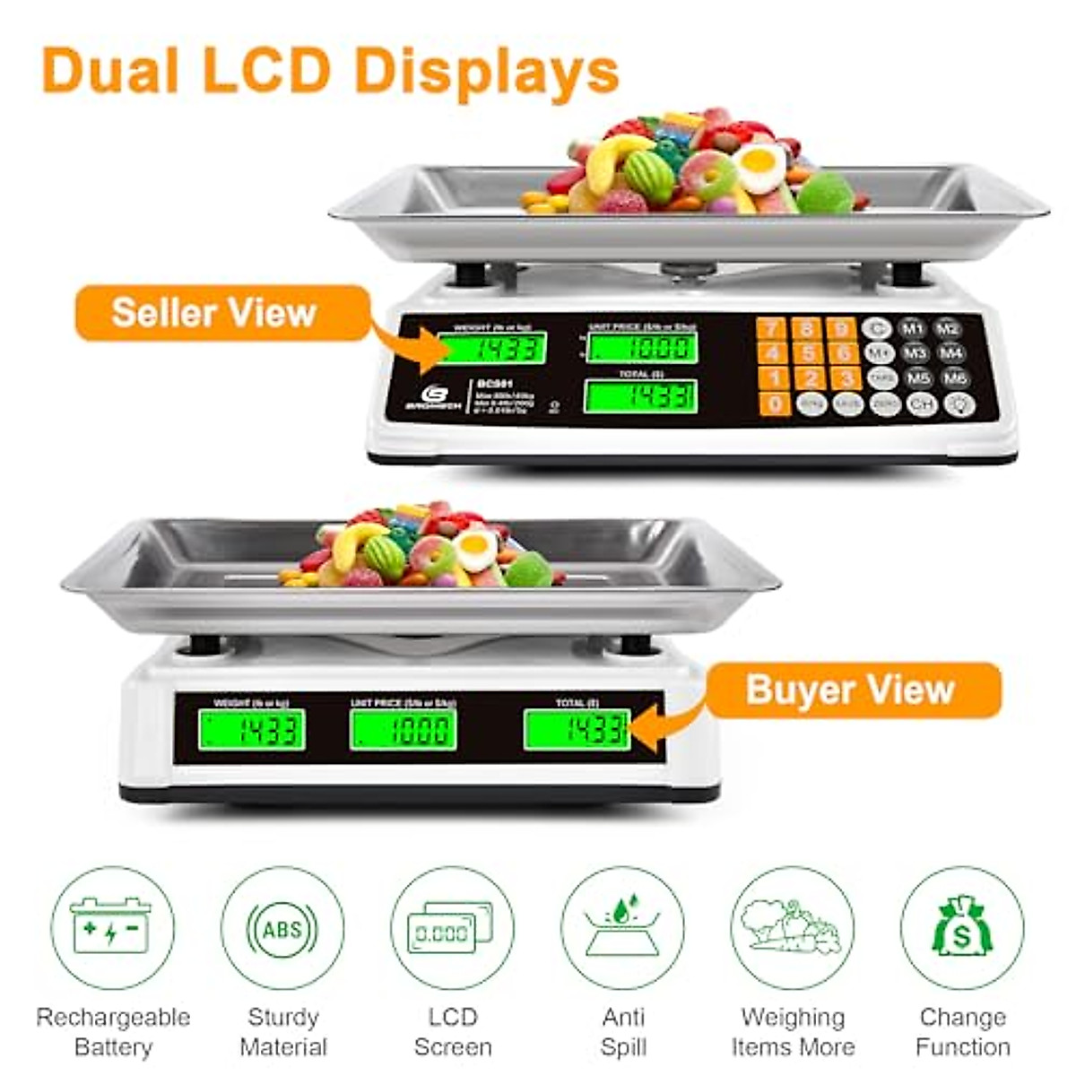 Price Computing Scale 88lb/40kg Commercial Food Scale for Produce Meat with Stainless Steel Large Platform, LCD Display, and Green Bright Backlight for Farmers Markets, Deli, （Not for Trade）