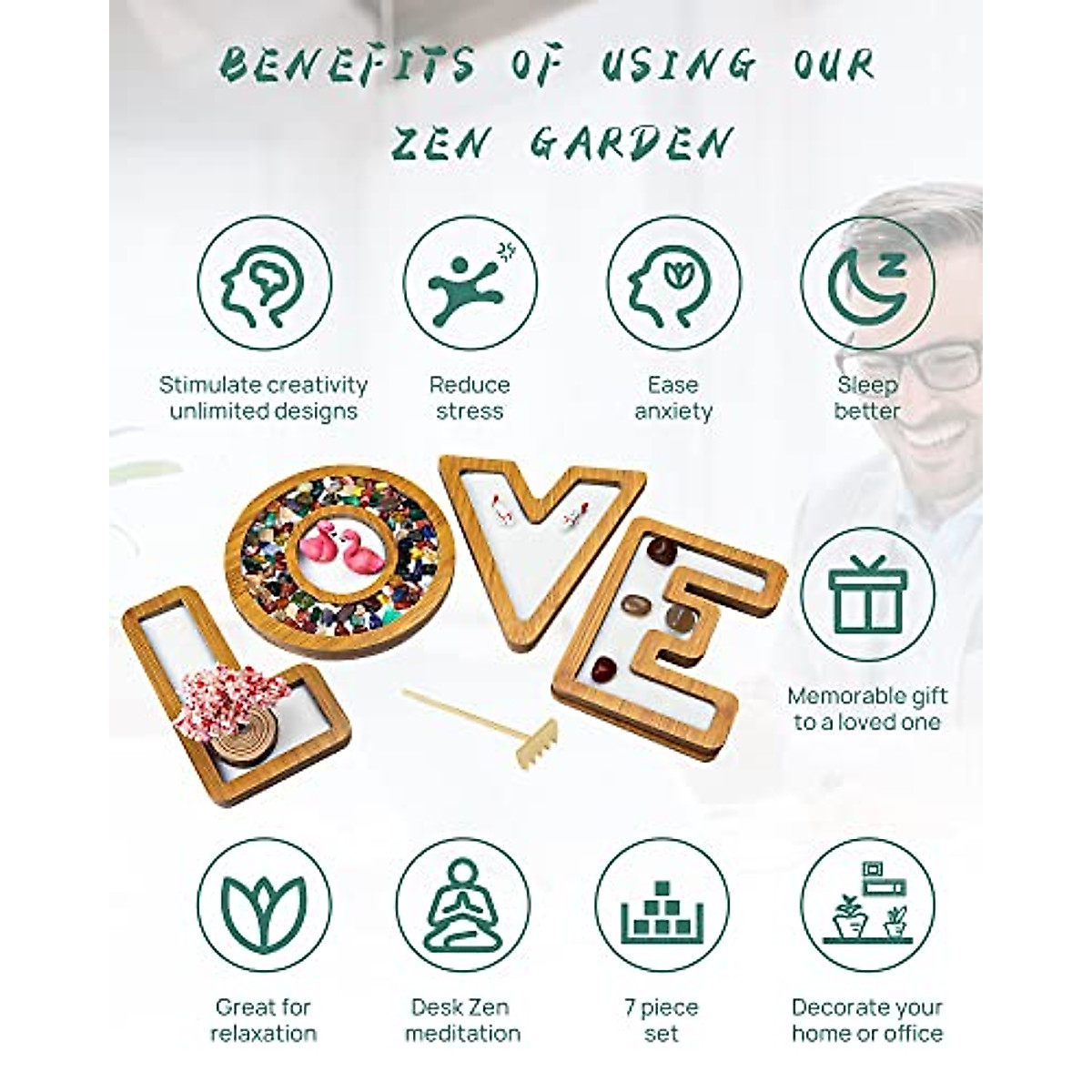 Melonva I Love You Gifts for Him Her L O V E 6" x 6" 4Pcs Mini Japanese Zen Garden for Desk with White Sand Accessories Father's Anniversary Decor Sand Garden Kit for Office