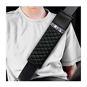 Ziciner 2PCS Leather Seat Belt Cover, Sparkling Rhinestone Seat Belt Covers for Women, Soft Harness Pads Strap Helps Protect Your Neck & Shoulder, Auto Interior Accessories for Adult Kid (Black)