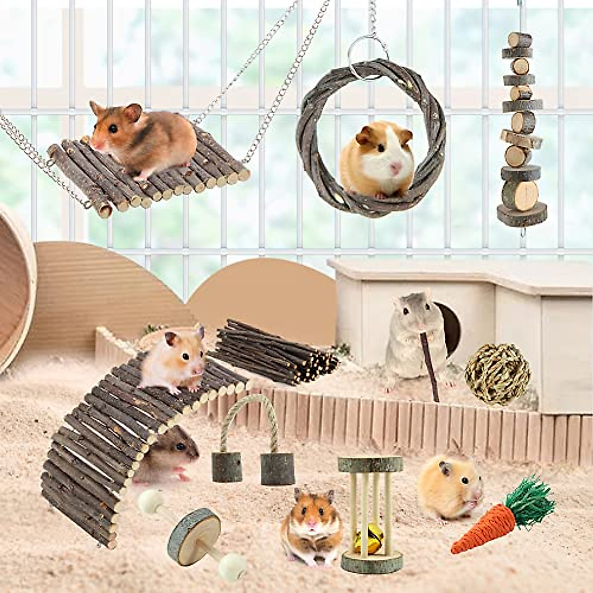 YIXUND Hamster Toys Rat Toys Chinchilla Toys Hamster Chew Toys Cage Accessories Apple Wood Sticks Ladder Bell Roller for Gerbil Guinea Pigs and Other Small Animal