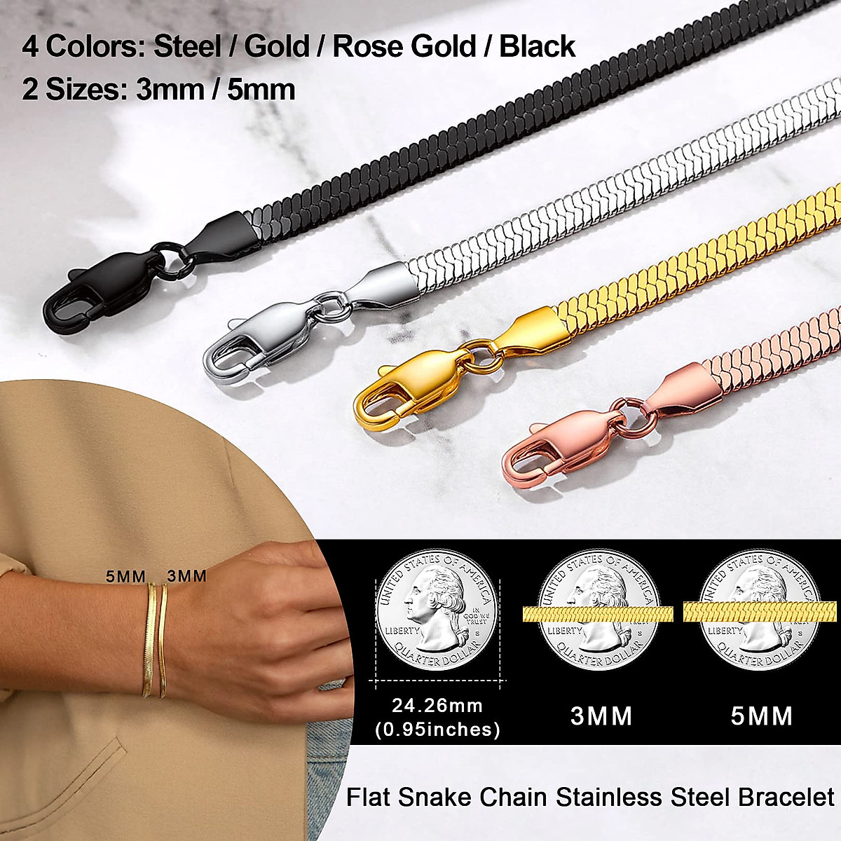 FOCALOOK Snake Chain Bracelet Rose Gold Plated 3MM Flat Herringbone Chain Bracelets