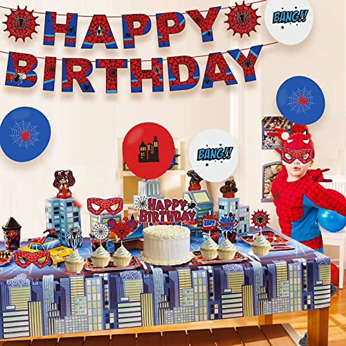 CrzPai Spiderman Birthday Party Decorations Superhero Themed Party Supplies Favors With Banner, Welcome Hanger, Toy Masks, Cake Toppers and Latex Balloons