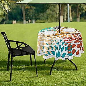 Blueangle 60 Inch Outdoor Waterproof Summer Flower Pattern Round Tablecloth with Umbrella Hole for Camping, Patio, Picnic, Spring, Summer