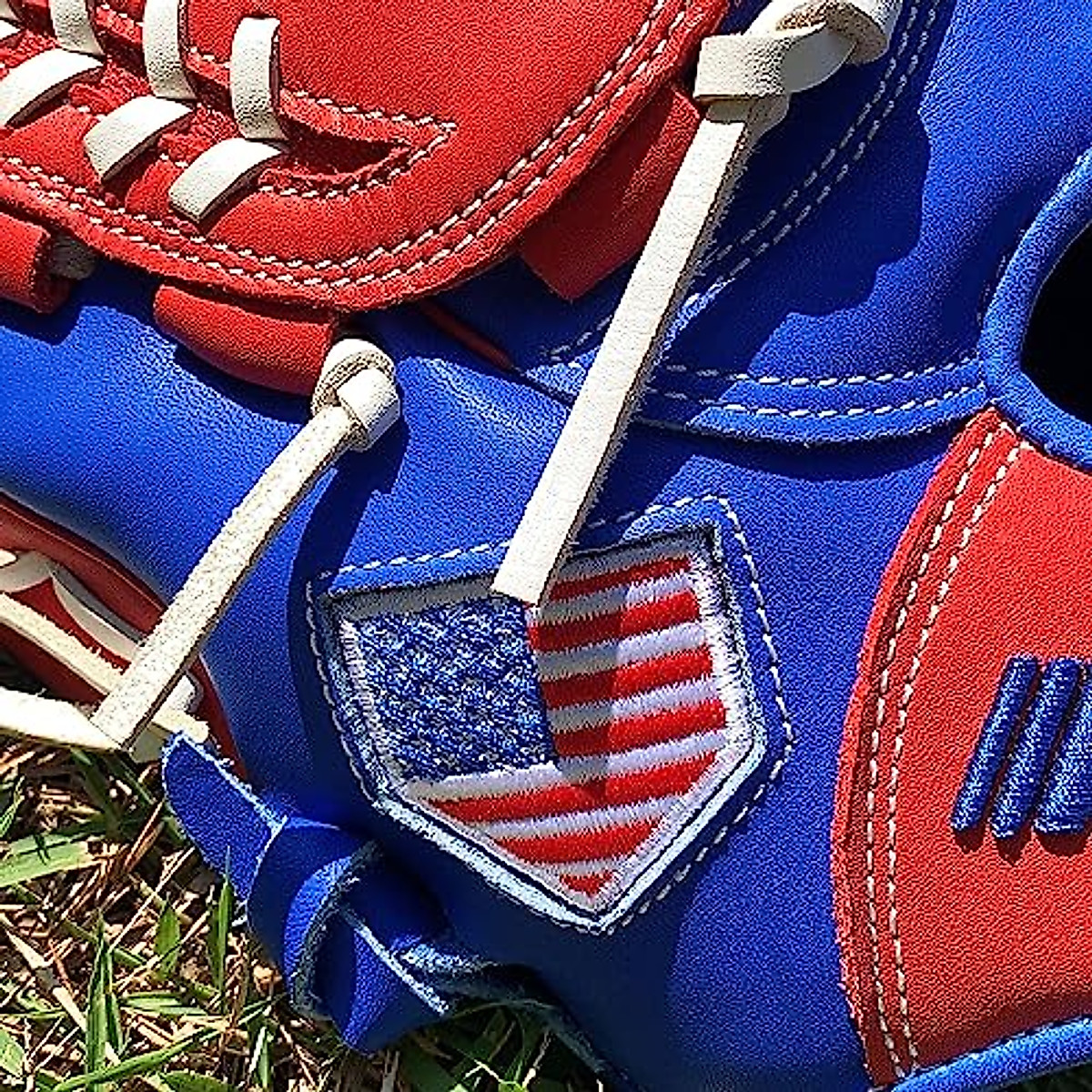 Hit Run Steal Pitcher's Baseball Glove - Right Hand Throw Full Grain Leather Basket Web Glove - Red Blue with White Laces - Perfect for Baseball Players (12 Inch)