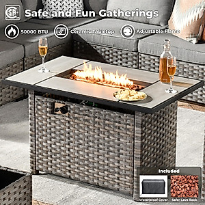 ovios 9 Pieces Patio Furniture Set, Outdoor Sectional Sofa with Swivel Rocking Chair, 42" Fire Pit Table, Wide Arms and Deep Seat, Modular Wicker Rattan Conversation Set, Dark Grey