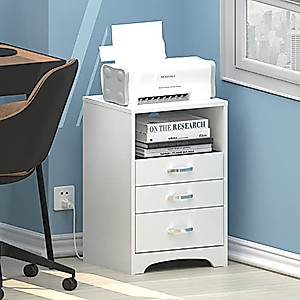 White Nightstand with Charging Station, Nightstands and Modern End Side Table with 3 Drawer, Wooden Cabinet Stand by Sofa, Bedside Tables for Bedroom with USB Ports Outlet & Open Storage