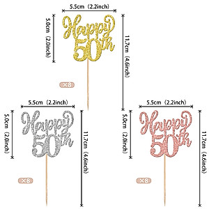 24PCS Happy 50th Cupcake Toppers Gold Rose Gold Silver Glitter Fifty Cheers to 50 Cupcake Picks 50 Fabulous Number 50 Birthday Cake Decorations for 50th Birthday Wedding Anniversary Party Supplies