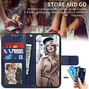 CASEOWL iPhone 12 Pro Max Case Wallet Magnetic Detachable [Support Magnetic Car Mount] with Card Holder,Hand Strap,Embossed Mandala Pattern Leather Lanyard Wallet Case[Navy Blue]