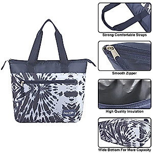 Extra-Large Lunch Tote for Women Insulated Can Cooler with Pocket, Emma and Chloe Lunch Bags (Grey Tie Dye)