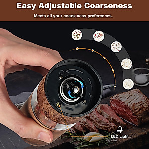 Electric Salt and Pepper Grinder Set, Batery Operated Automatic Salt and Pepper Grinder, One-Handed Operation, Salt and Pepper Grinder with LED light, Adjustable Coarseness (Wood)