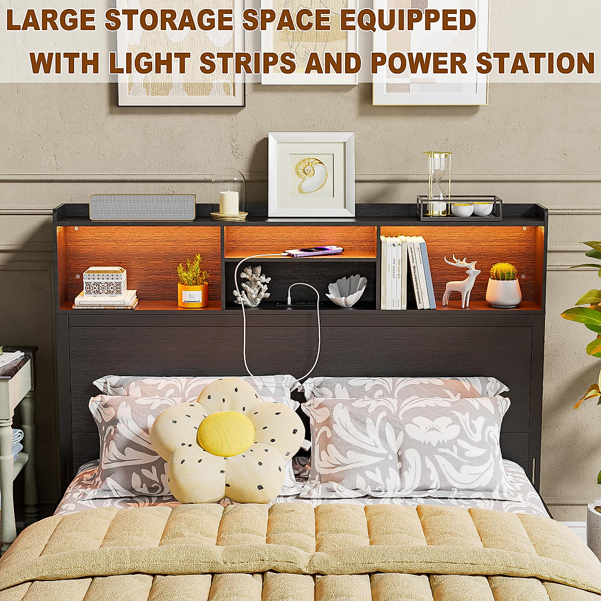 PAKASEPT Queen/Full Headboard Only for Bedroom, Stylish Bookcase Headboard with Charging Station & LED Lights, Headboards with Storage, 4-Tier Bookcase Headboard and Side Storage, Black