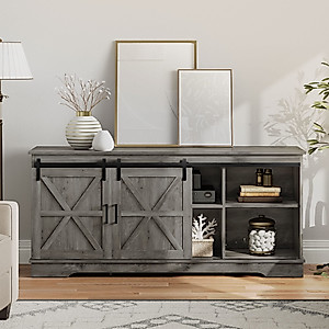 YITAHOME Farmhouse TV Stand for 65/60/55 Inch, Modern Entertainment Center with Sliding Barn Door, Wood TV Media Console Storage TV Cabinet for Living Room for 300lbs, Rustic Grey