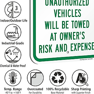 SmartSign 18 x 12 inch “Reserved Parking - Unauthorized Vehicles Will Be Towed at Owner Risk and Expense” Metal Sign, 63 mil Laminated Rustproof Aluminum, Green and White, Made in USA