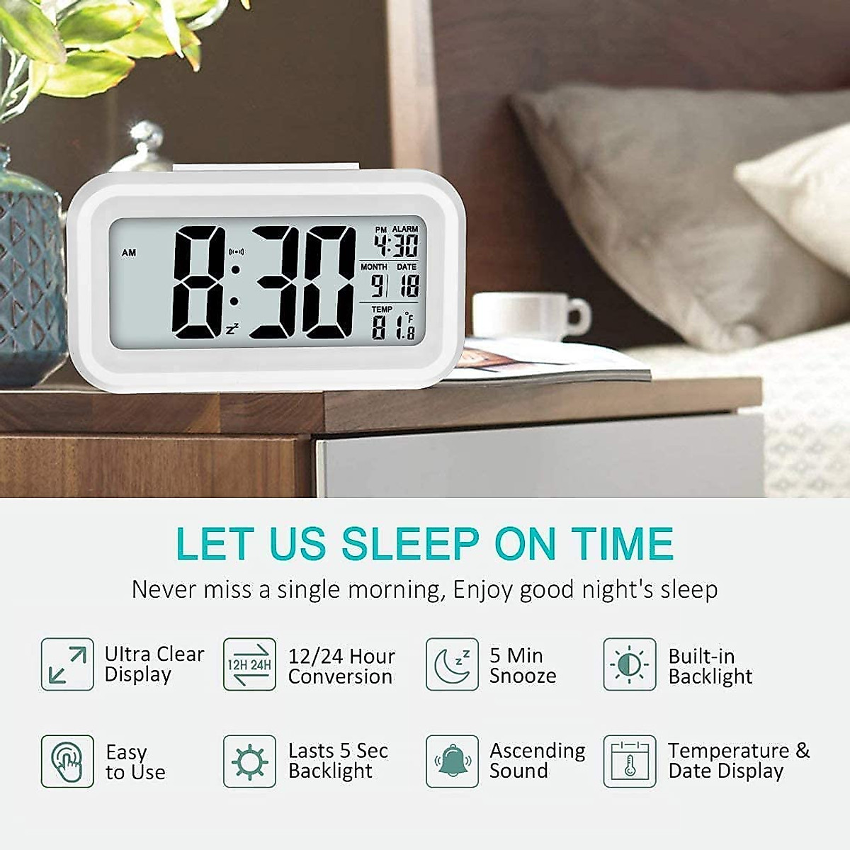 KAIJIELY Upgraded Digital Alarm Clock, 4.3" LED Display with Temperature Larger Lound Light Control Portable Snooze Calendar Brightness with Battery Powered Alarm Clocks Bedside for Everyone (White)