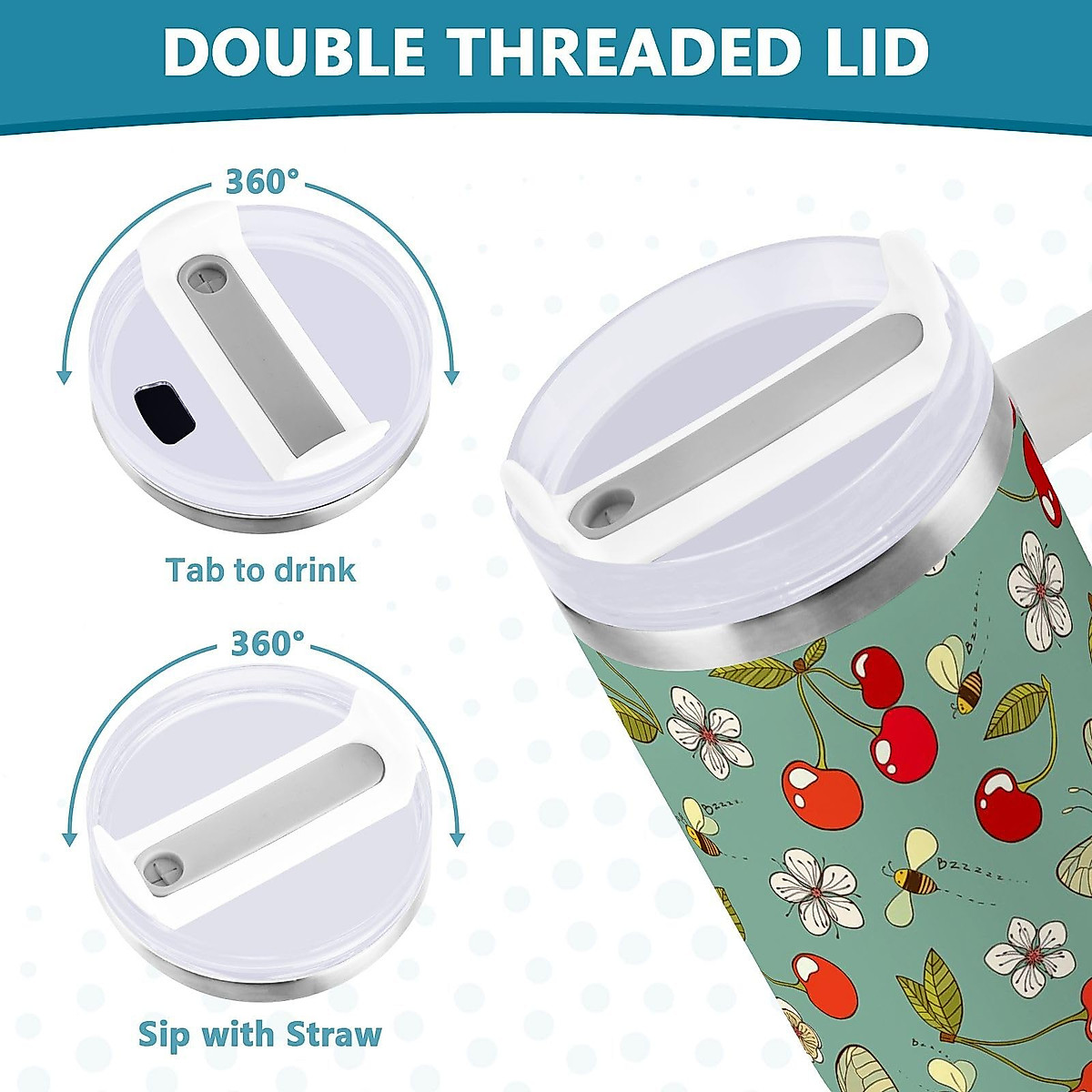 ZZXXB Bee Cherry Insulated Stainless Steel Water Bottle with Handle and Straw Lid Double Walled Travel Mug 40 oz