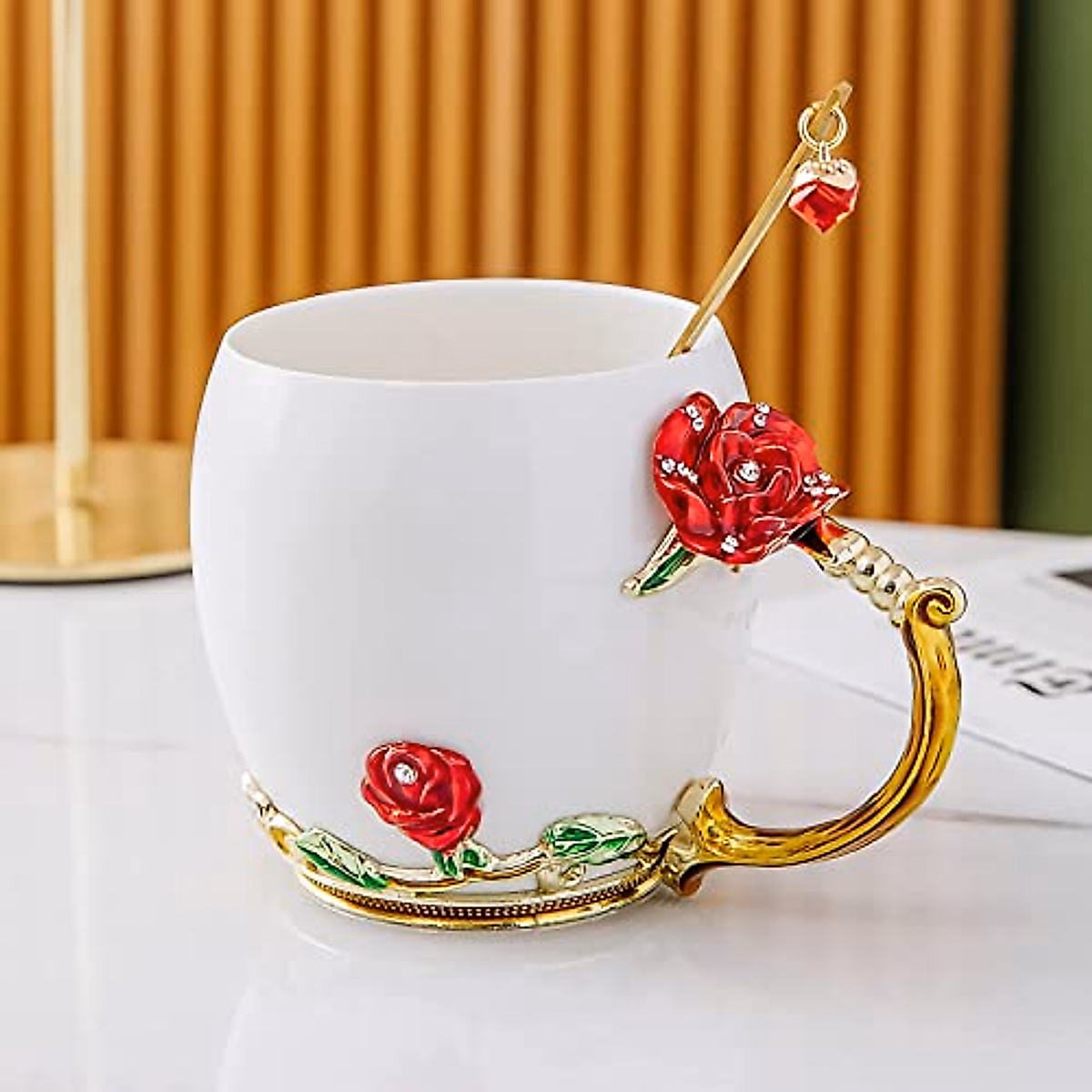 Ceramic Coffee Cup, 3D Flower Cup Tea Mug with Spoon,Enamel Rose Flower Mugs for Women ,Birthday Christmas Gifts