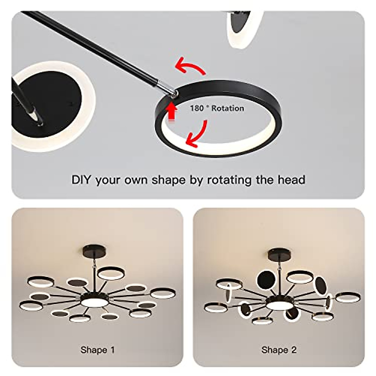 Kaiyuan Black Chandelier Light Fixture, Modern LED Chandelier with Remote Control, 12-Lights Modern Farmhouse Black Sputnik Chandelier for Dining Room,Bedroom,Living Room,Kitchen,Bedroom,Foyer